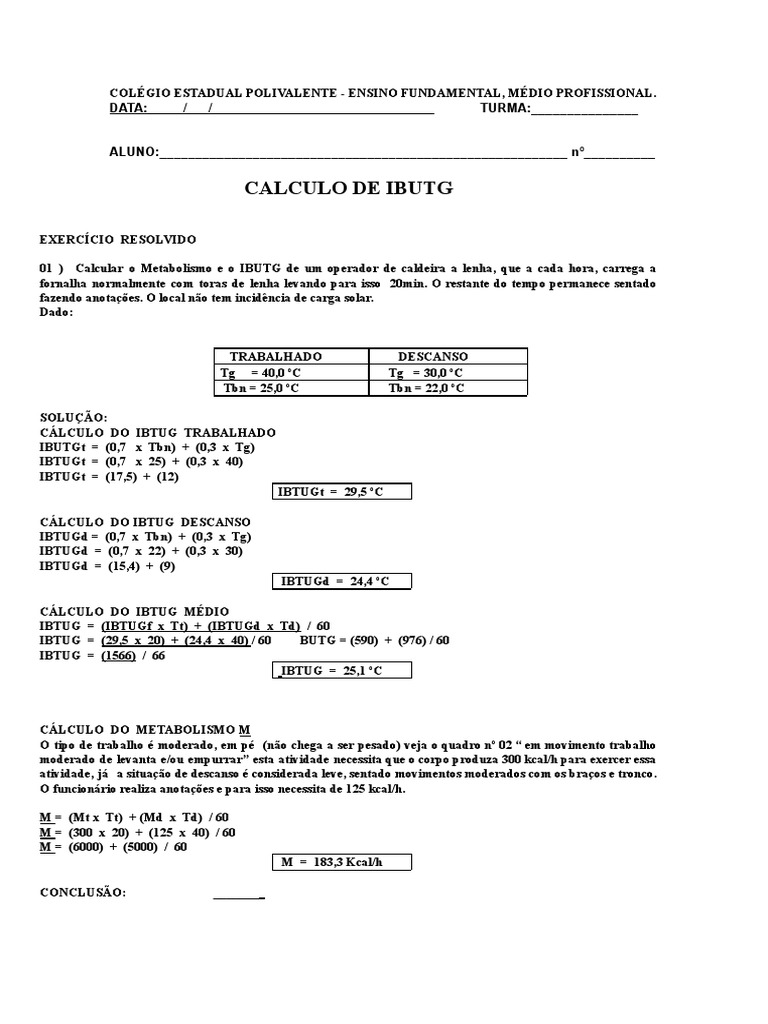 Cálculo de IBUTG e Metabolismo | PDF | Engenharia Civil | Eletrodoméstico