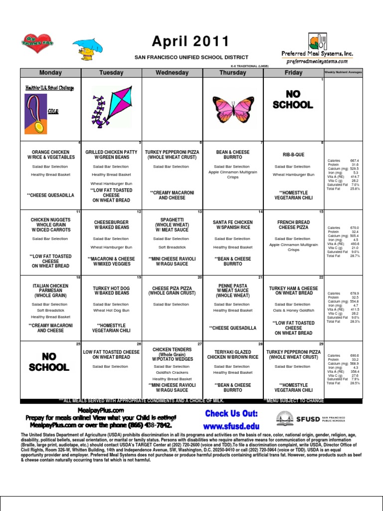 2011 April Elementary School Lunch | PDF | Hamburgers | Breads
