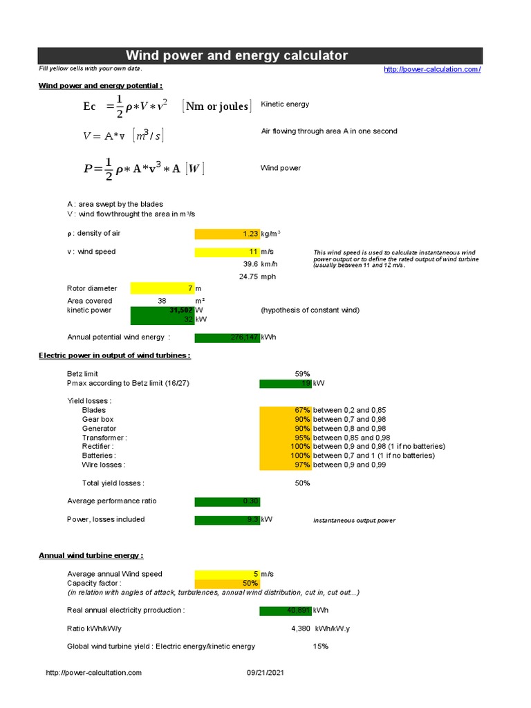 Wind Power and Energy Calculator: Ec 1 2 NM or Joules | PDF | Wind ...