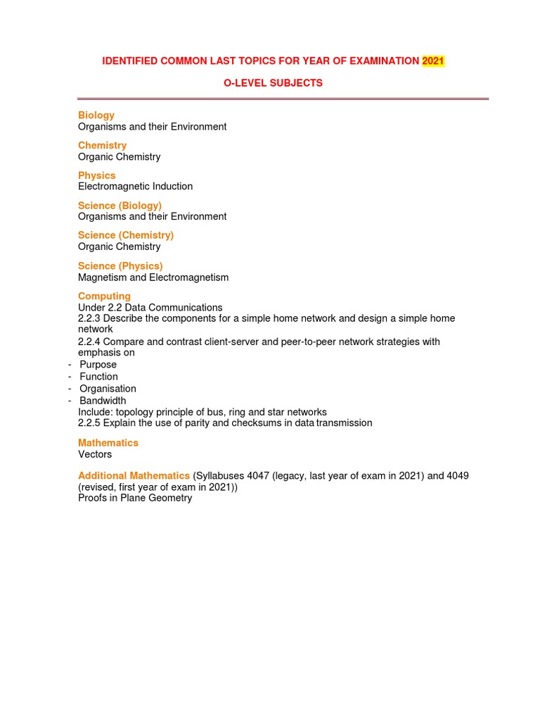 Biology: Identified Common Last Topics For Year of Examination 2021 O ...