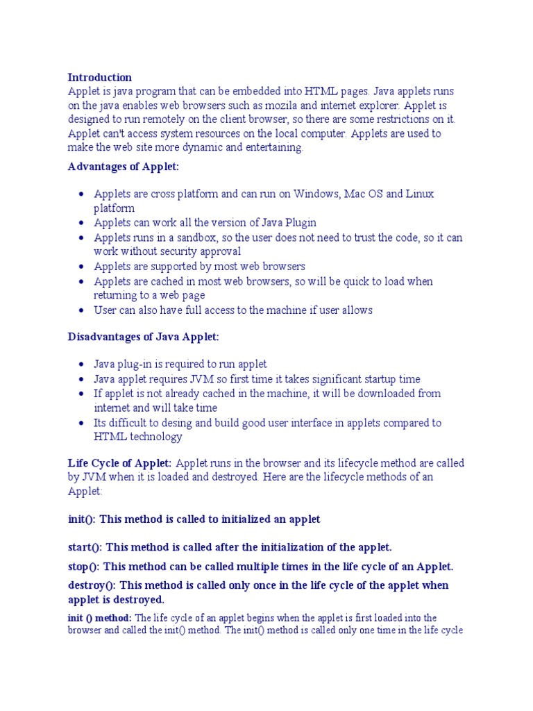 Init Method: The Life Cycle of An Applet Begins When The Applet Is ... Init Method: The Life Cycle of An Applet Begins When The Applet Is ...