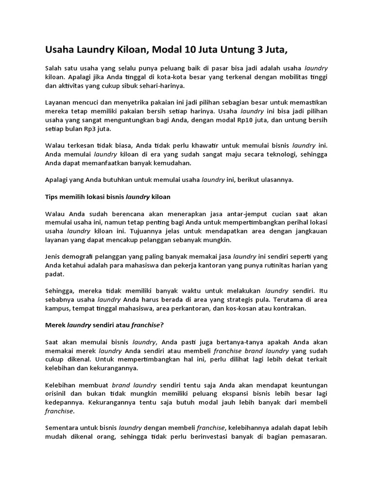 Analisa Usaha Laundry Kiloan | PDF