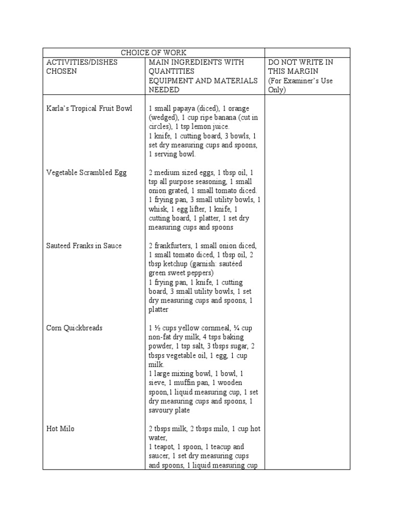 Sample Time Plan For SBA 1..prepare Breakfast Items | PDF | Diet ...