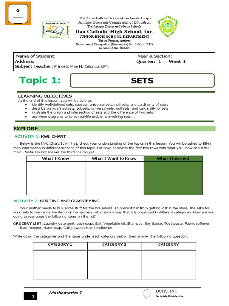 MATH 7 - Quarter 1 Week 1 | PDF | Set (Mathematics) | Empty Set