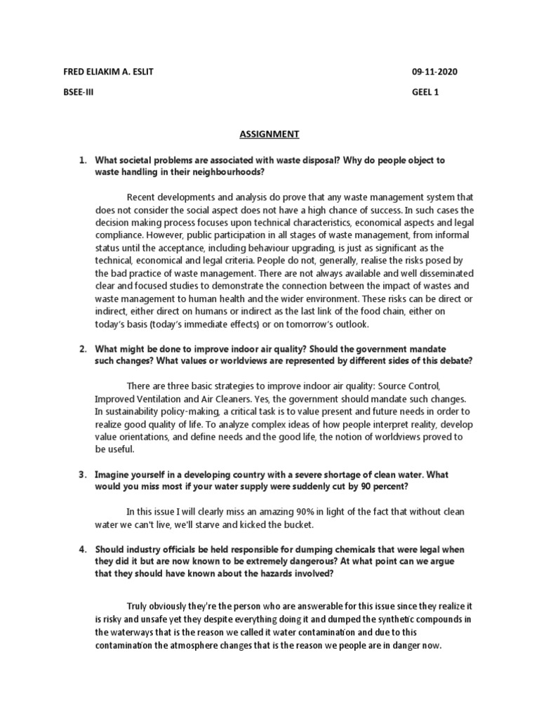 Fred Eliakim A. Eslit 09-11-2020 Bsee-Iii Geel 1: Assignment | PDF | Risk | Waste Management