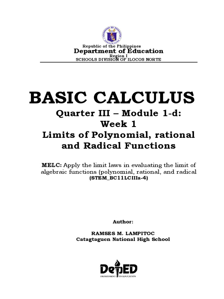 Basic Calculus: Quarter III - Module 1-d: Week 1 Limits of Polynomial ...