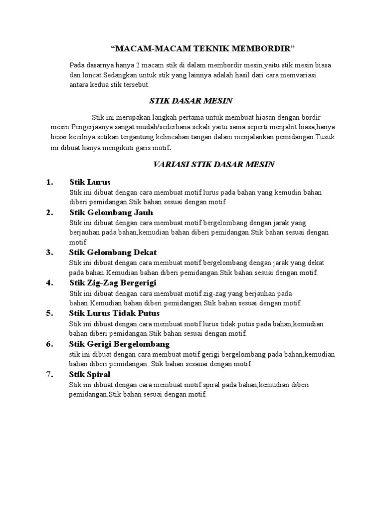 Macam Macam Teknik Membordir Stik Dasar | PDF