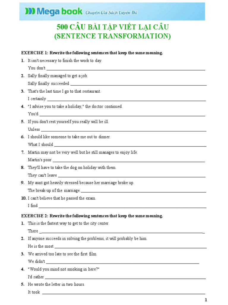 500 Viet Lai Cau Tieng Anh Bai Tap | PDF