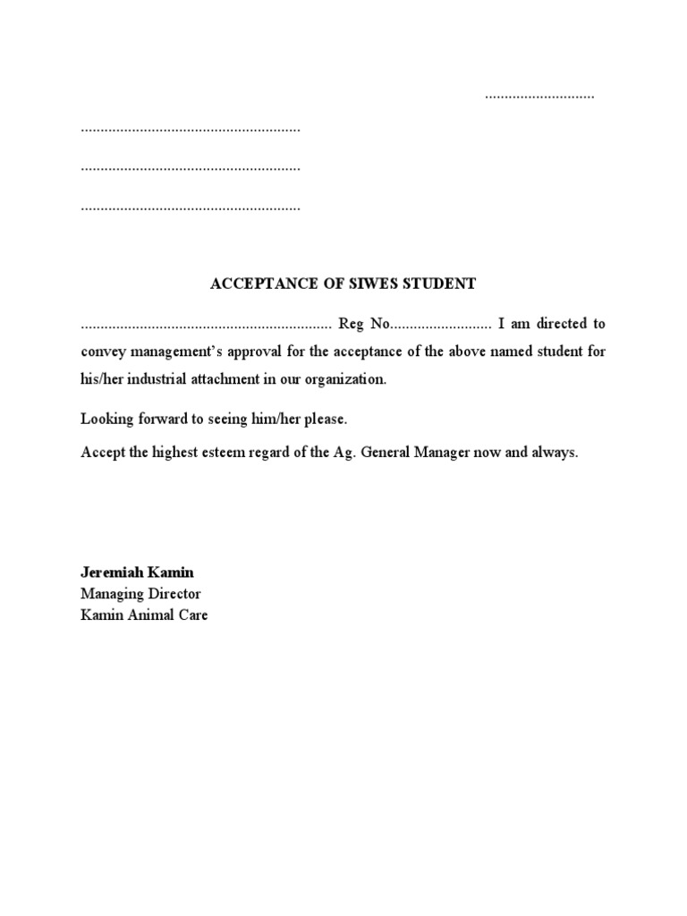 Acceptance of Siwes Student 1 | PDF