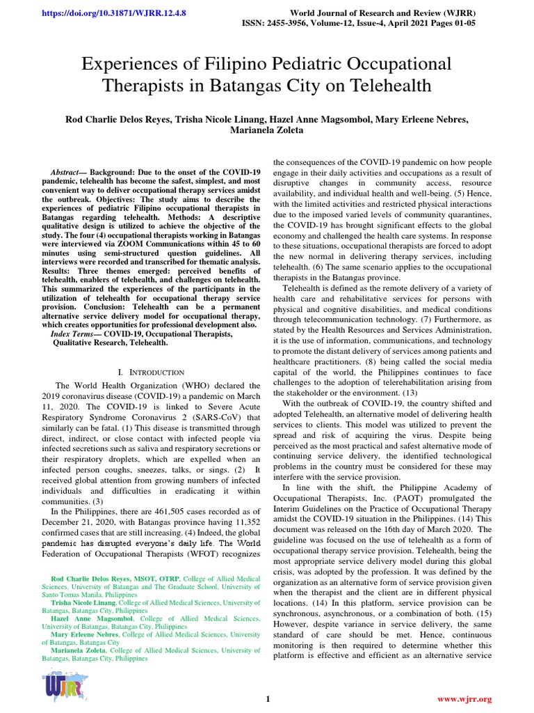 Experiences of Filipino Pediatric Occupational Therapists in Batangas ...