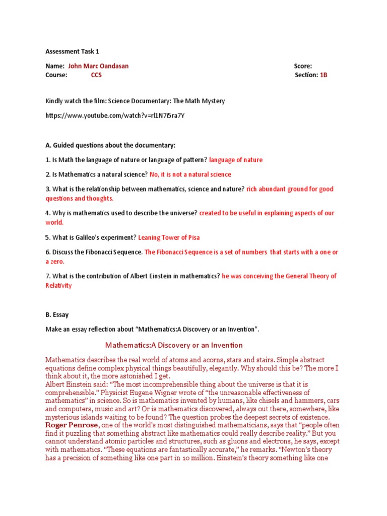 Math - Assessment Task 1 | PDF | Mathematics | Reality
