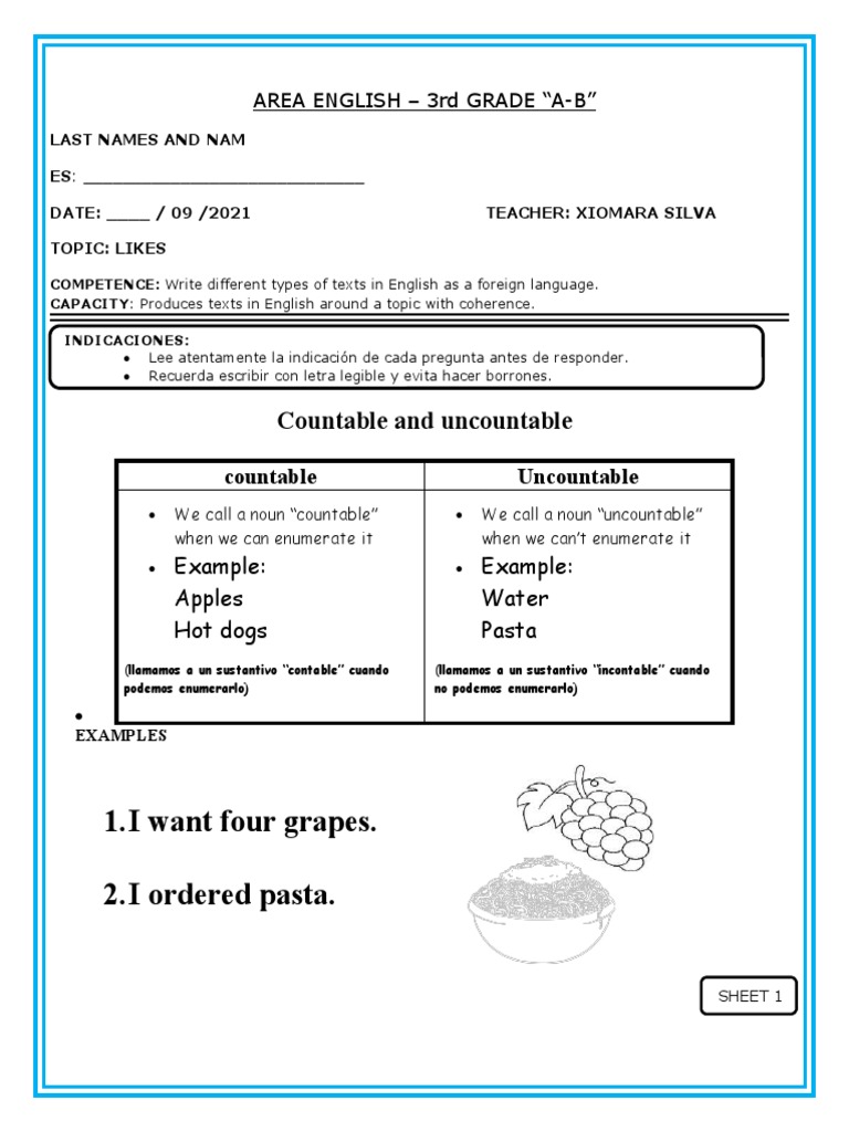 1.I Want Four Grapes. 2.I Ordered Pasta.: Countable and Uncountable | PDF