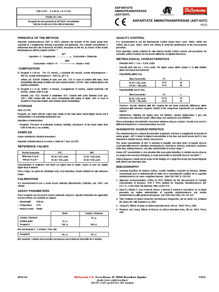Aspartate Aminotransferase (Ast/Got) | PDF | Chemistry | Biochemistry