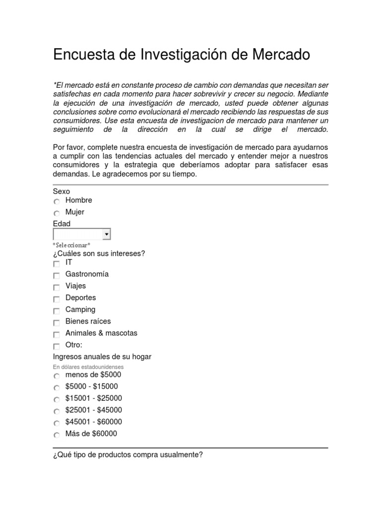 Modelo Encuesta | PDF | Investigación de mercado | Mercado (economía)