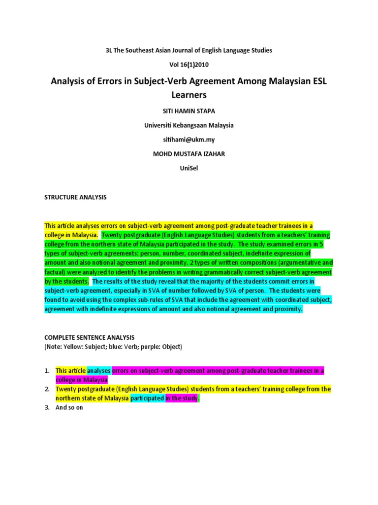 Analysis of Errors in Subject-Verb Agreement Among Malaysian ESL ...