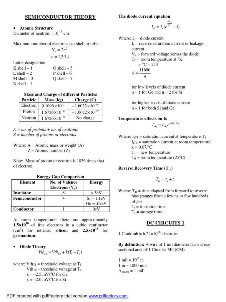 Semiconductor Theory and Formulas | PDF