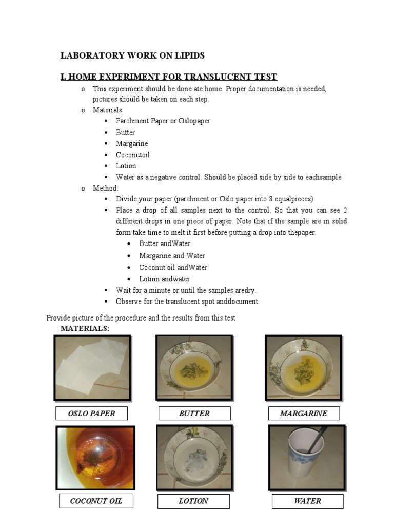 Laboratory Work On Lipids I. Home Experiment For Translucent Test | PDF ...