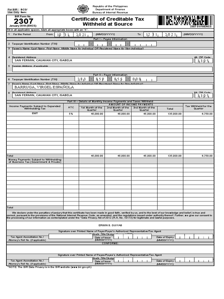 Certificate of Creditable Tax Withheld at Source: San Fermin, Cauayan ...