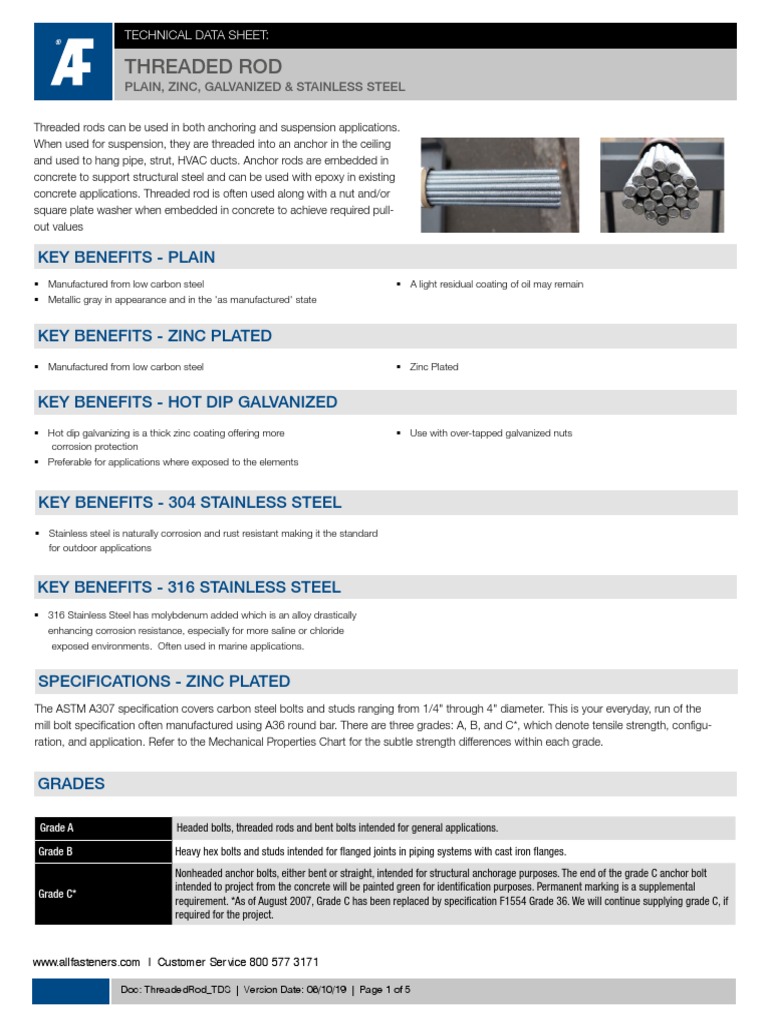 Threaded Rod Technical Data Sheet | PDF | Galvanization | Screw