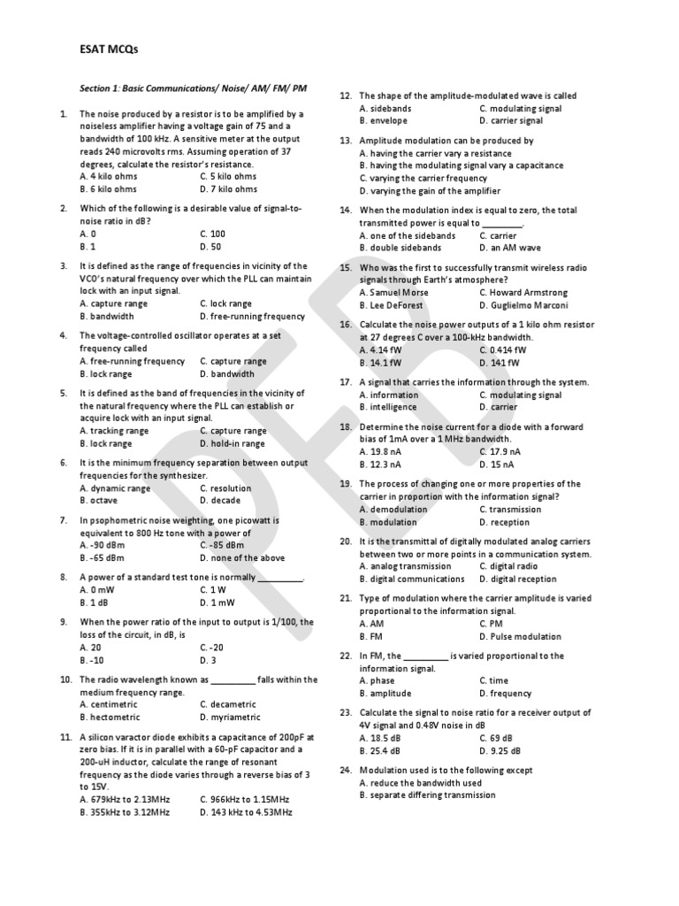 Esat MCQS: Section 1: Basic Communications/ Noise/ AM/ FM/ PM | PDF | Frequency Modulation ...