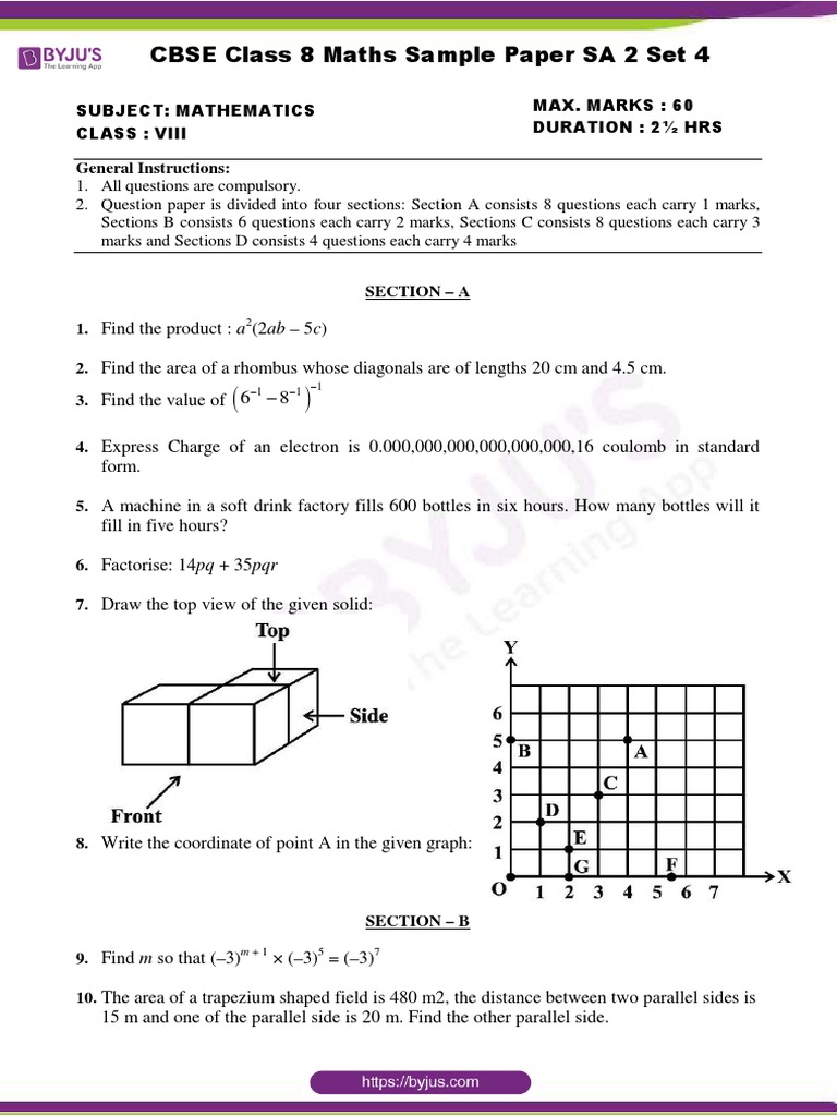 CBSE Class 8 Maths Sample Paper SA 2 Set 4 | PDF | Area | Mathematics