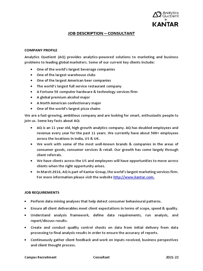 Consultant Job Description at AQ | PDF | Analytics | Business