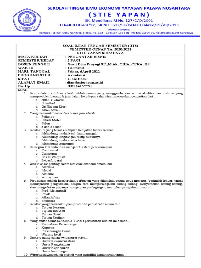 Format Soal Uts Pengantar Bisnis | PDF