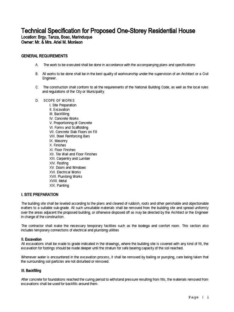 One-Storey House Technical Specifications | PDF | Concrete | Plumbing