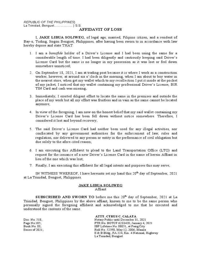 Affidavit of Loss: Republic of The Philippines) | PDF | Affidavit ...