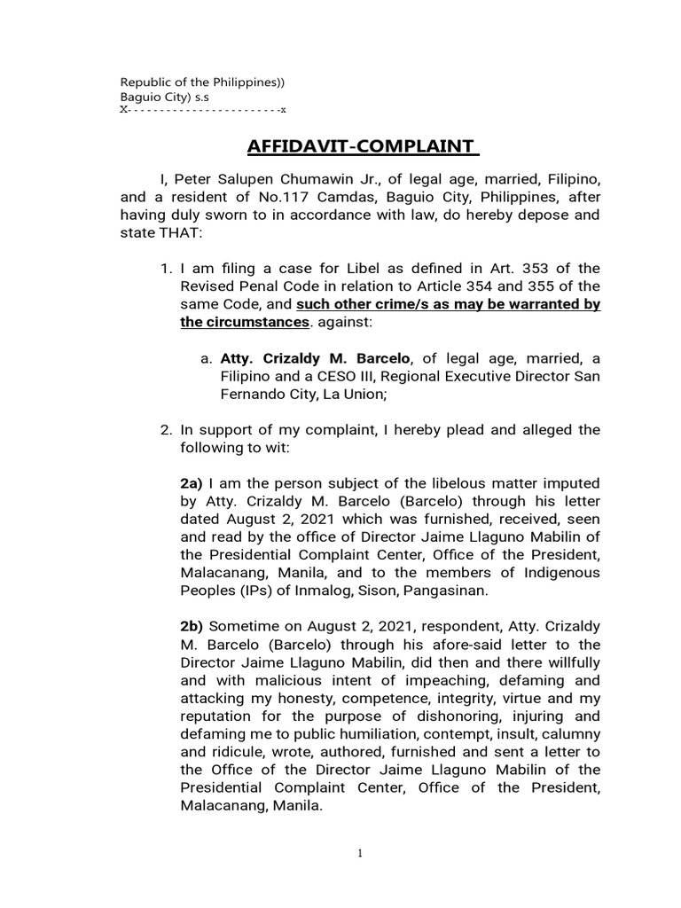 Affidavit Complaint - Libel.2021 | PDF | Defamation | Affidavit
