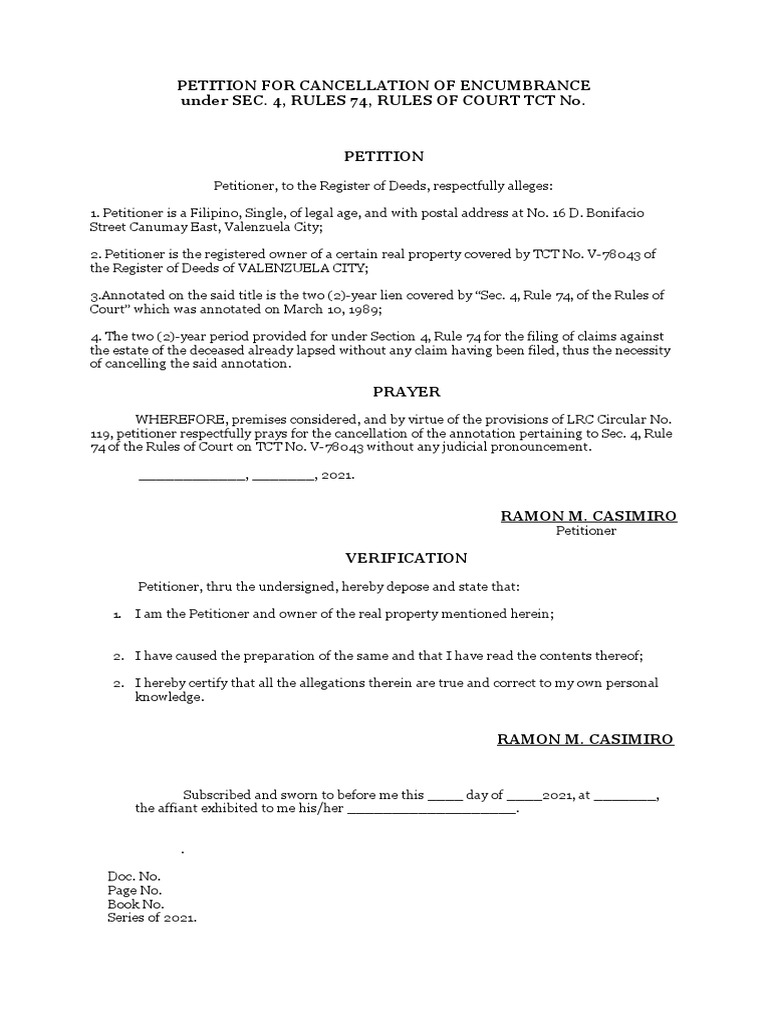 Petition For Cancellation of Encumbrance | PDF
