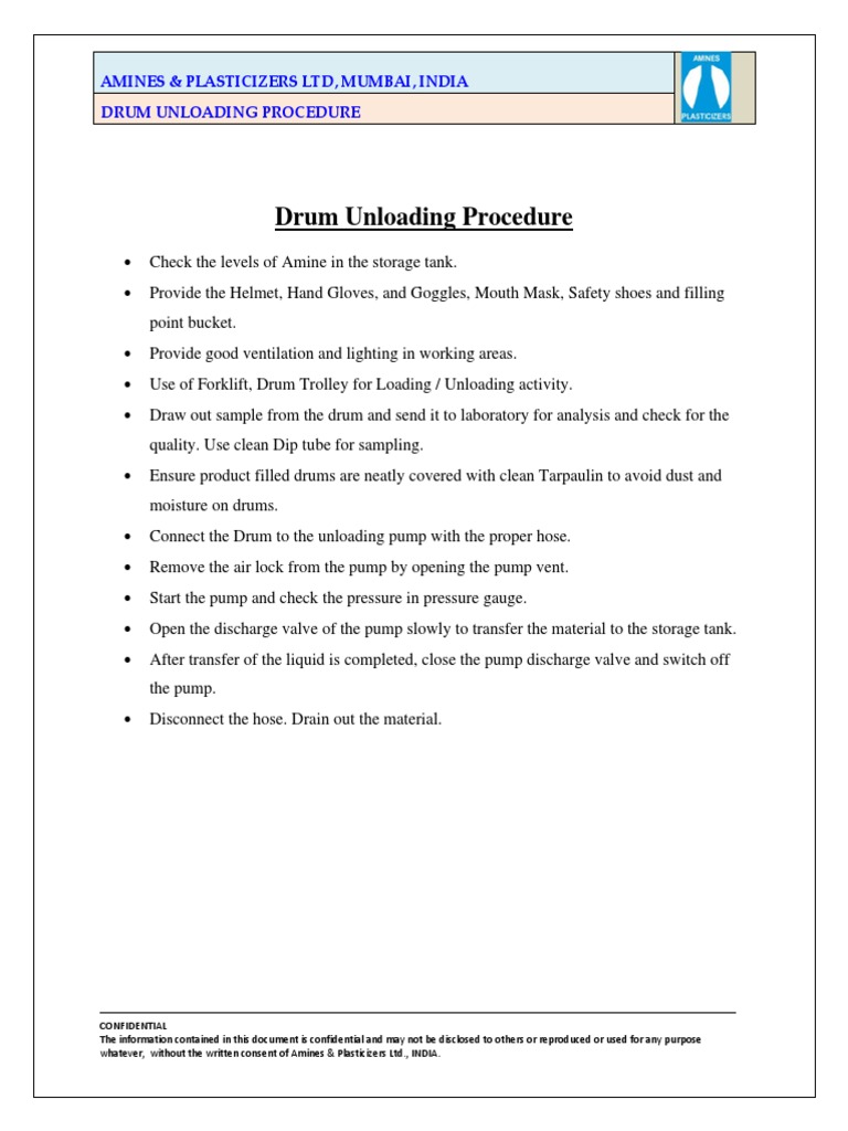 Amines & Plasticizers LTD, Mumbai, India Drum Unloading Procedure | PDF