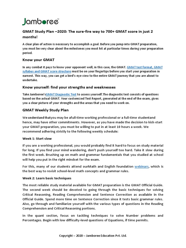 GMAT Study Plan - 2020: The Sure-Fire Way To 700+ GMAT Score in Just 2 Months! | PDF | Graduate ...