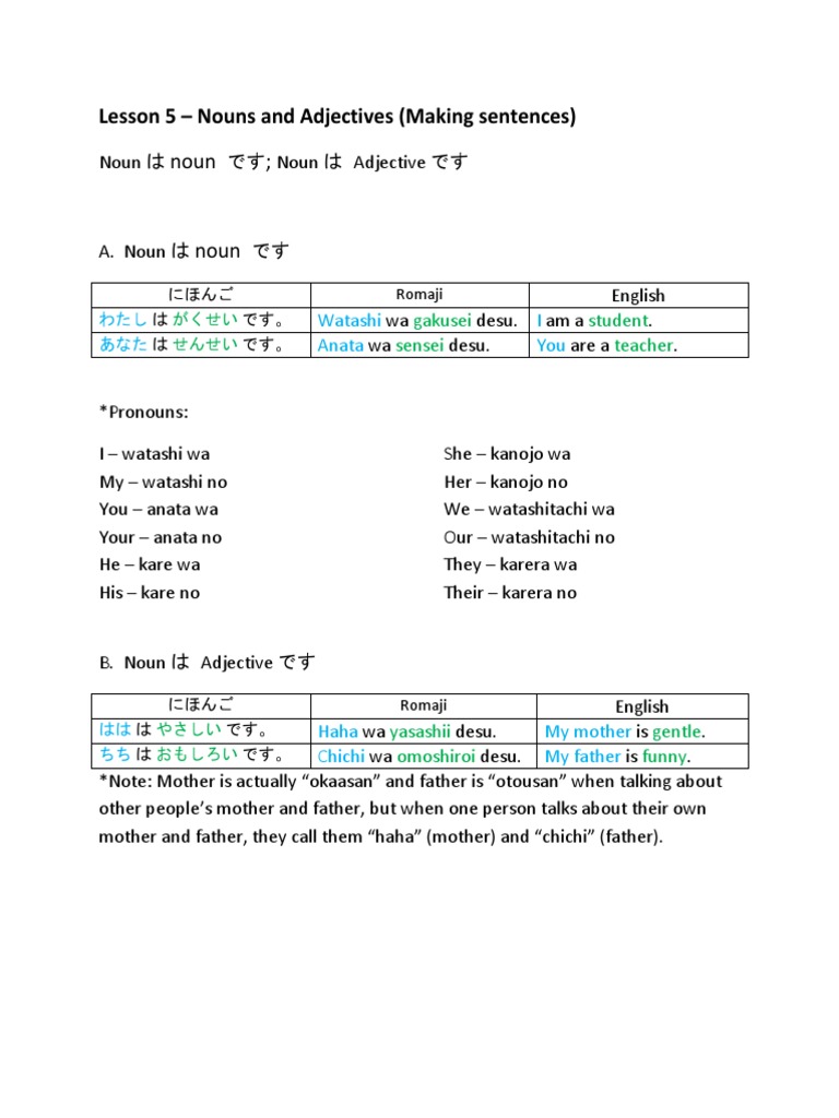 Lesson 5 Nouns Adjectives Making Sentences | PDF