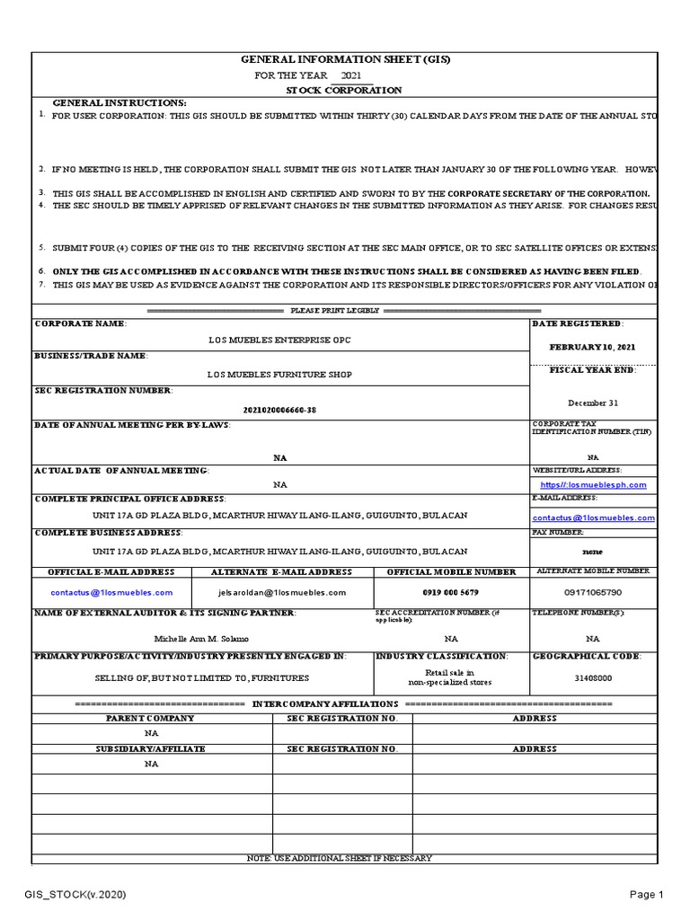 General Information Sheet (Gis) : Stock Corporation General ...