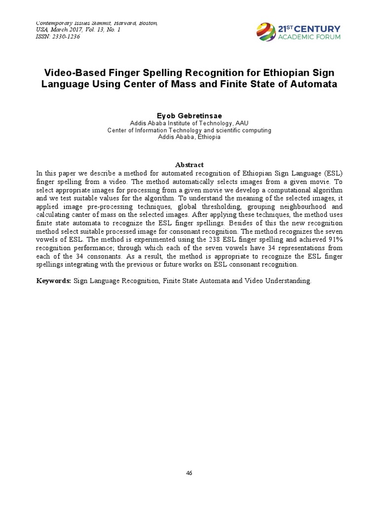 Video-Based Finger Spelling Recognition For Ethiopian Sign Language Using Center of Mass and ...