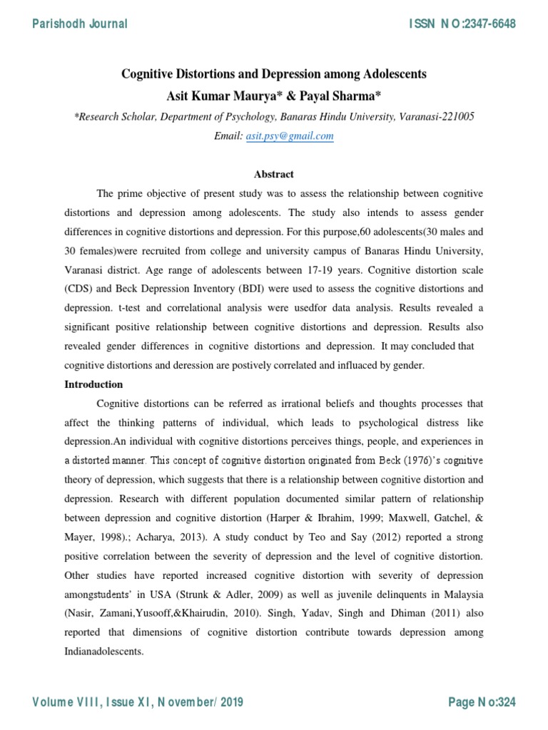 Cognitive Distortions and Depression Among Adolescents | PDF ...