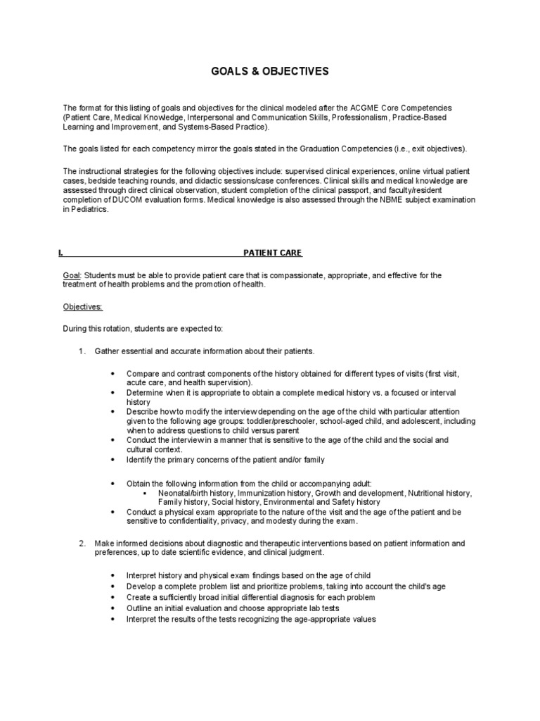Goals & Objectives: I. Patient Care | PDF | Health Care | Physical ...