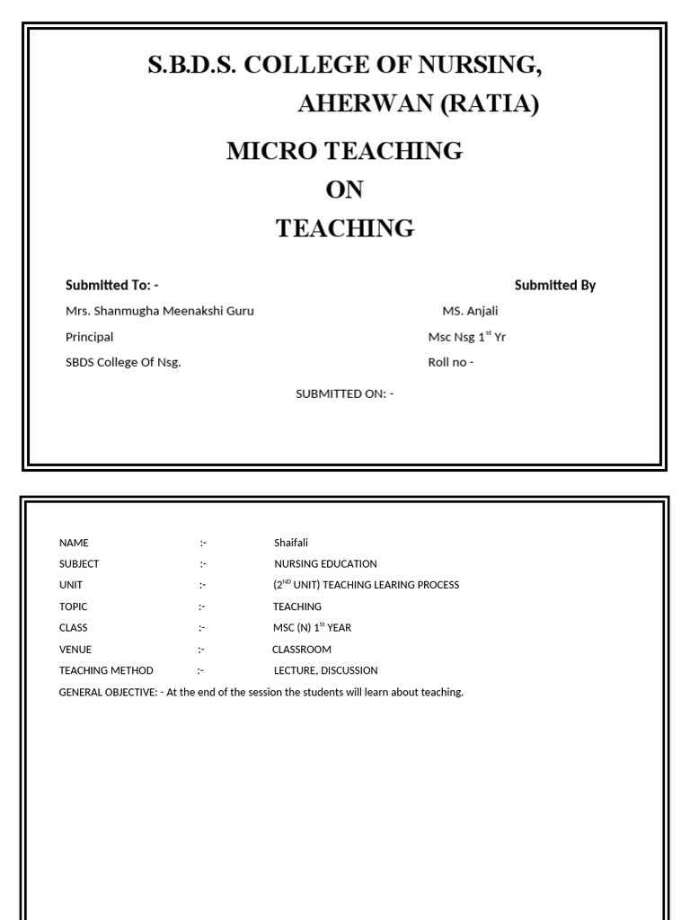 S.B.D.S. College of Nursing, Aherwan (Ratia) Micro Teaching ON Teaching | PDF | Learning | Teachers