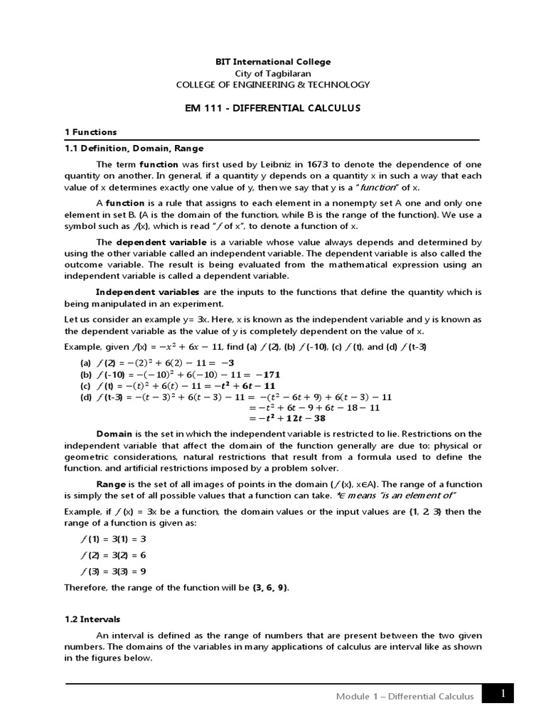 Module 1 - Differential Calculus | PDF | Function (Mathematics) | Variable (Mathematics)