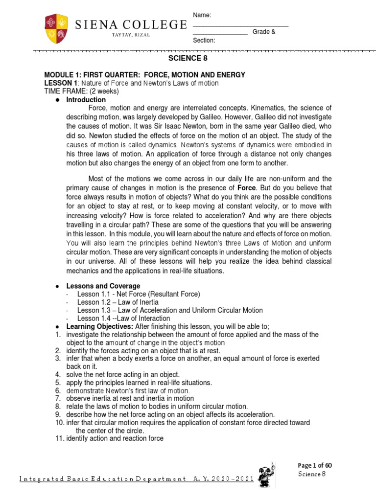 Science 8-1st Quarter Module | PDF | Force | Inertia