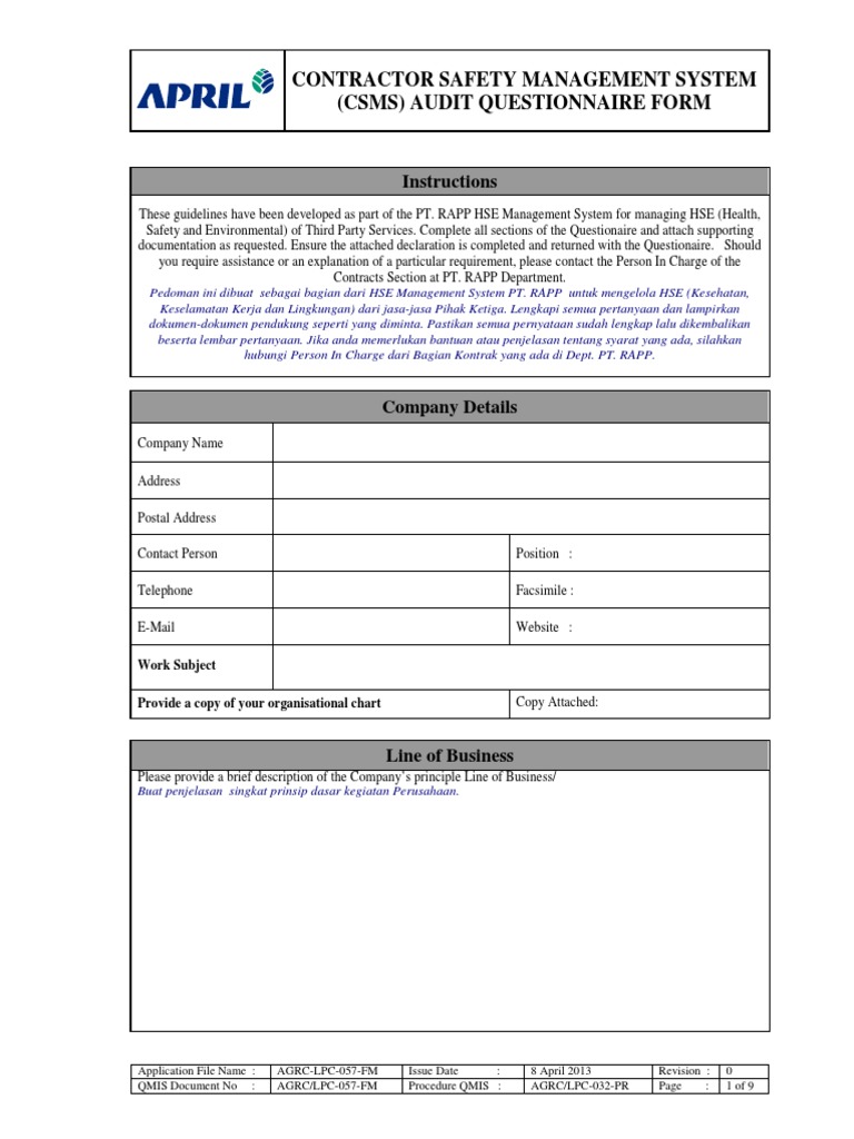 Form CSMS Audit Questionnaire | PDF | Personal Protective Equipment ...