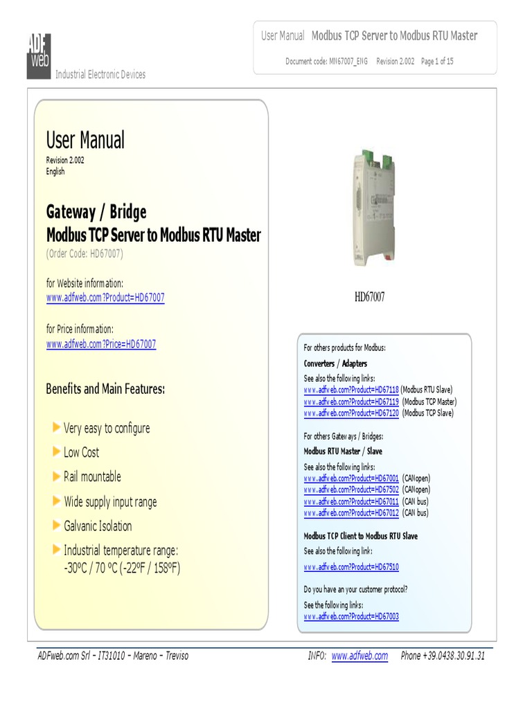 User Manual: Gateway / Bridge Modbus TCP Server To Modbus RTU Master | PDF | Transmission ...