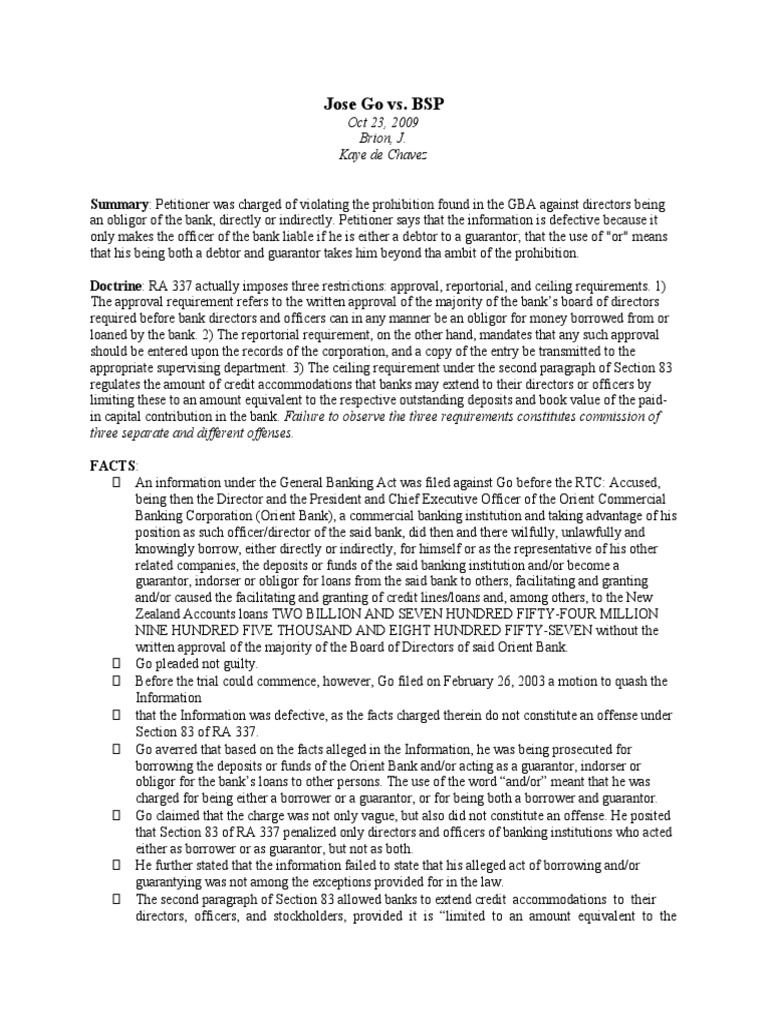 109 - Jose Go Vs BSP | PDF | Banks | Finance & Money Management