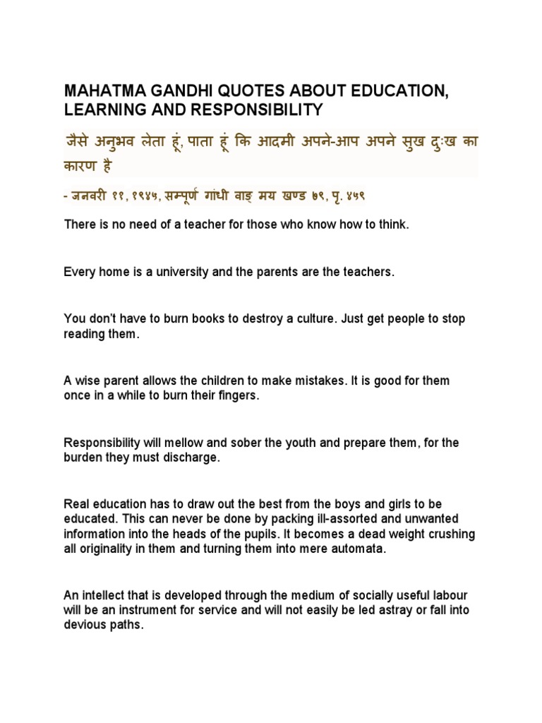 Mahatma Gandhi Quotes About Education | PDF