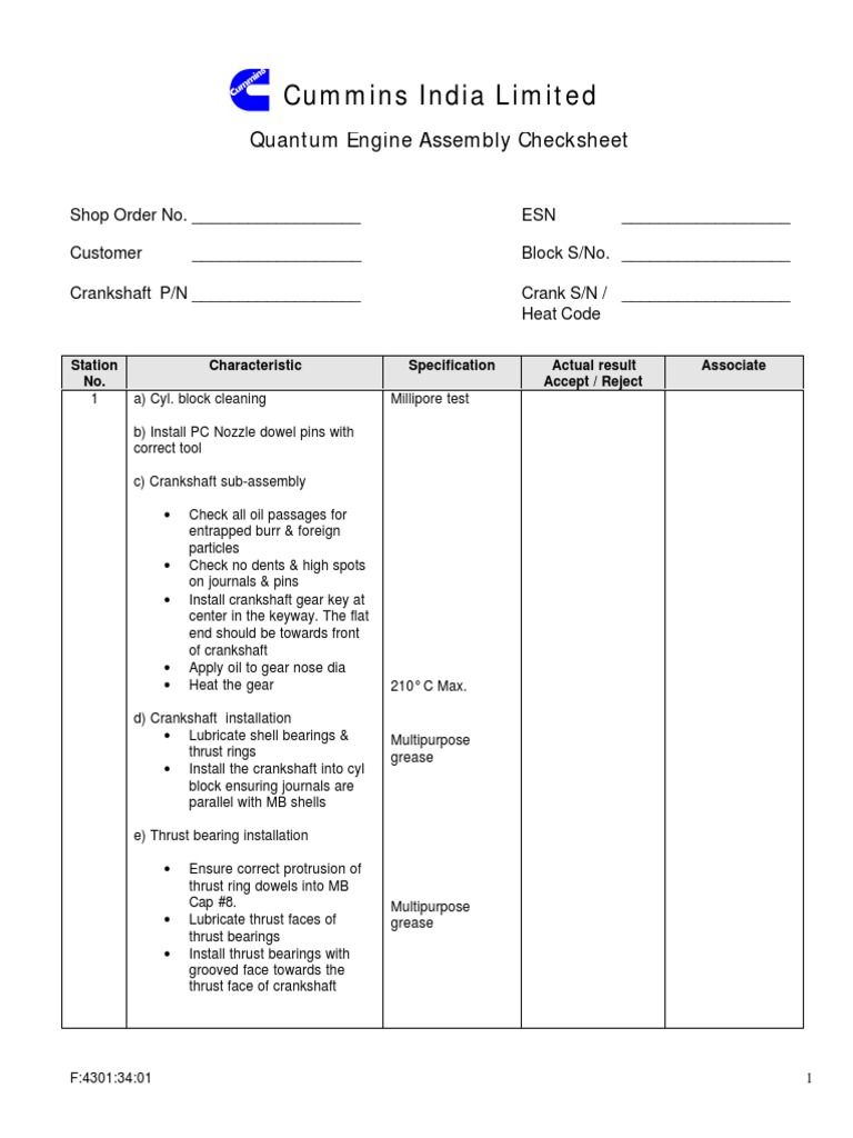 Cummins India Limited: Quantum Engine Assembly Checksheet | PDF ...