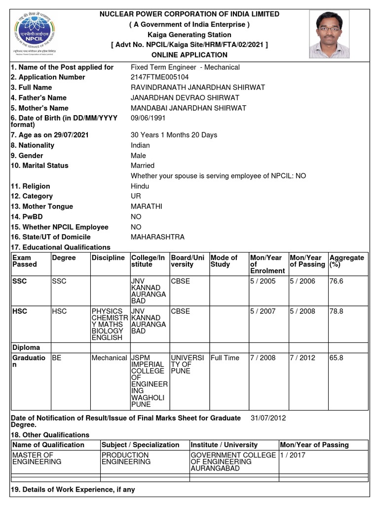 2147ftme005104 Npcil Fta Application | PDF