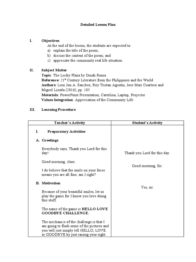 Detailed Lesson Plan | PDF | Lesson Plan | Reason