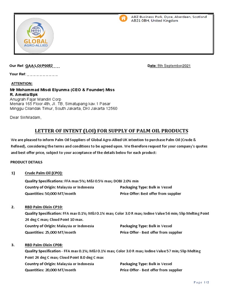 Letter of Intent - Supply of Crude & Refined Palm Oil - (#P0082) | PDF ...