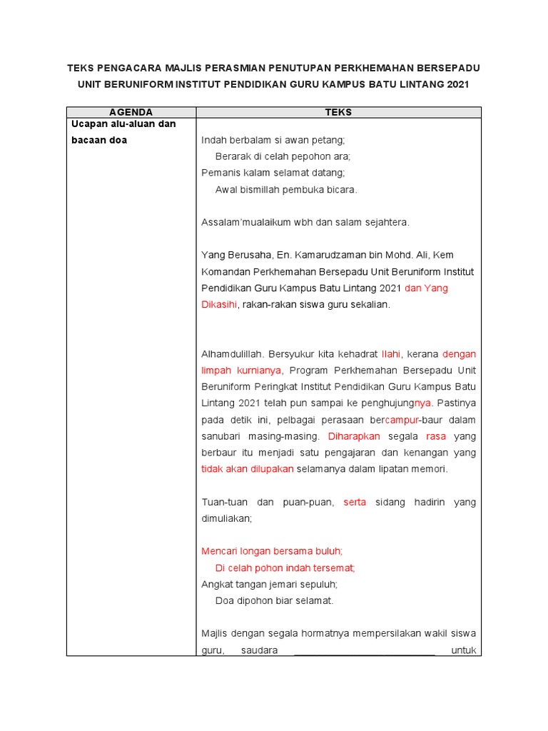 Teks Pengacara Majlis Perasmian Penutupan Perkhemahan Bersepadu Unit Beruniform Institut ...